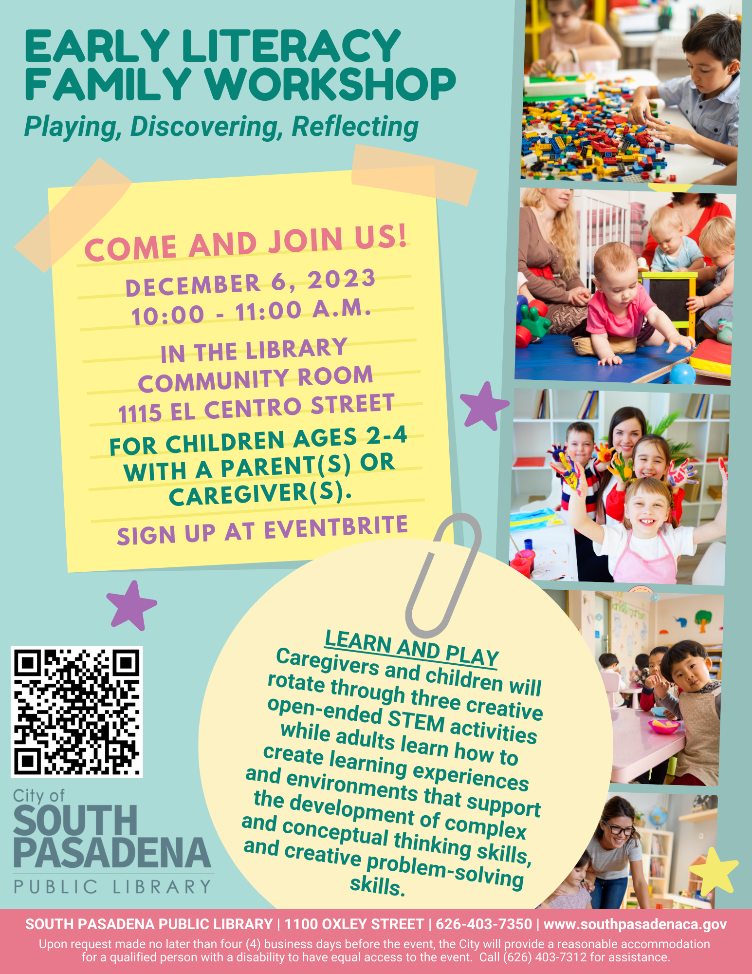 South Pasadena Public Library Early Literacy Family Workshop | City ...